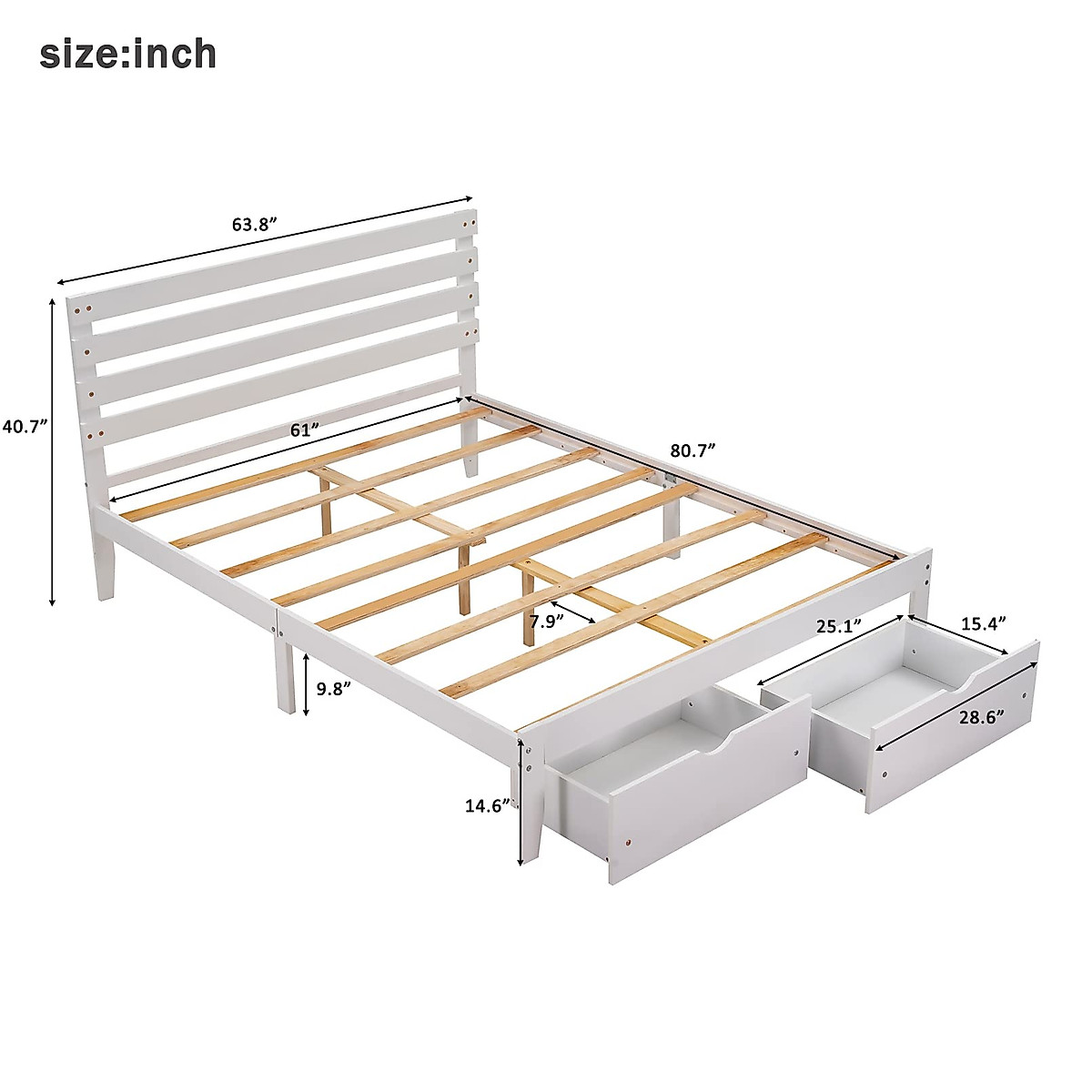 Queen Size Rustic Casual Style Platform Bed with 2 Storage Drawers & Headboard, Wooden Frames with No Box Spring Needed for Bedroom Small Space Boys Girls Adults Teens, White
