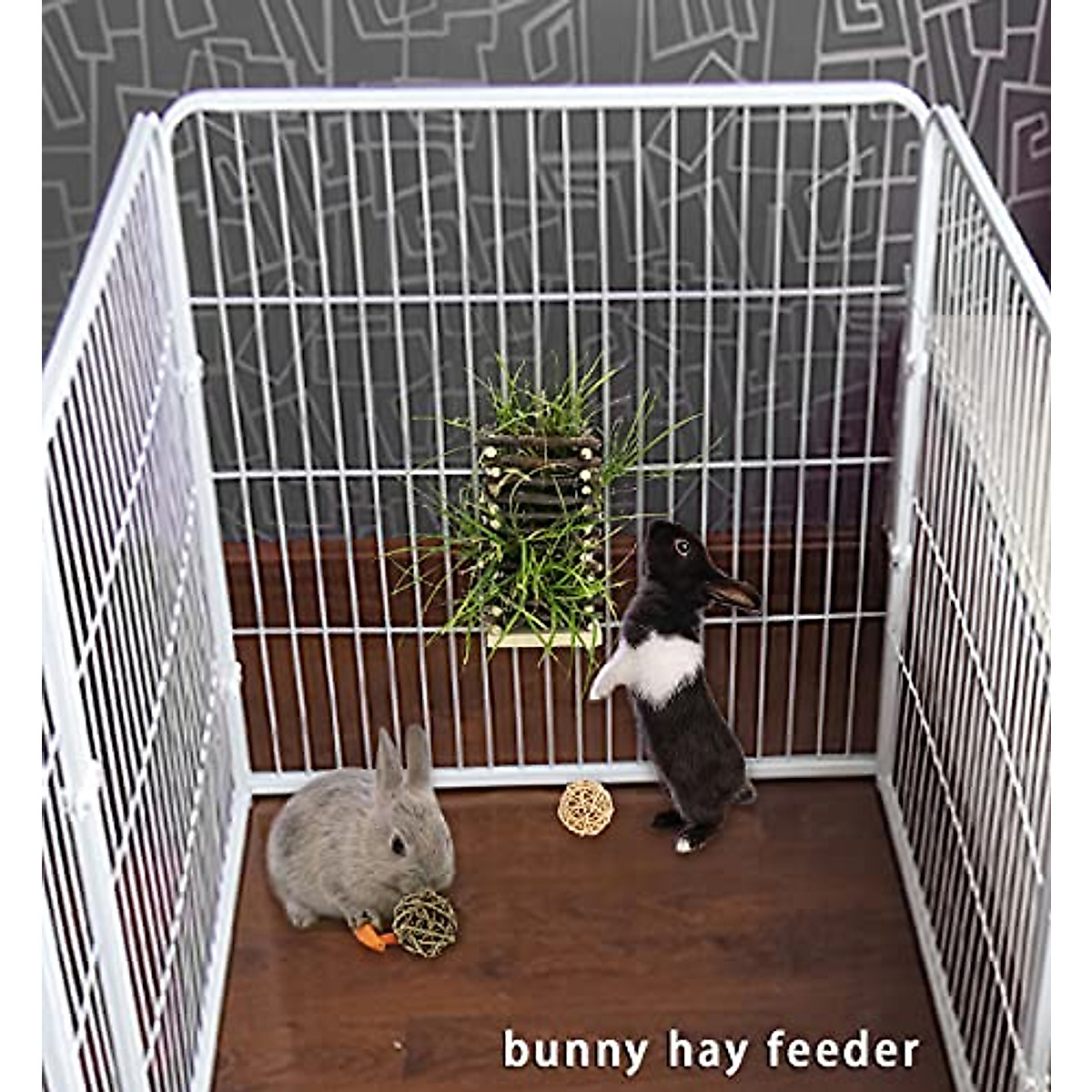 Linifar Rabbit Hay Feeder Wooden Hay Rack Chew Grass Ball Less Waste Manger Bunny Supplies Holder Cage Accessories Food Bowl for Guinea Pig Chinchilla Ferret