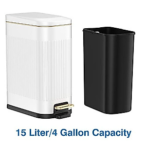 BETHEBEST 4 Gallon/ 15 Liter/Trash Can with Soft Close Lid,Rectangular Trash Can with Removable Wastebasket, Step Trash Can for Bathroom,Kitchen,Office,White