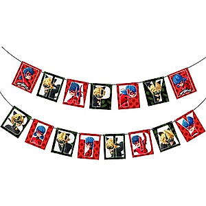 Vision Licensed Miraculous Party Supplies Ladybug Balloons 25 Pcs & Happy Birthday Banner Set For Miraculous Theme Birthday Kids Party