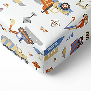 Crib Fitted Sheet - Construction Multicolor - Silky Soft Breathable 100% Cotton Percale Baby Sheets - Fits Standard 28 x 52 X 5 inches Crib & Toddler Mattresses