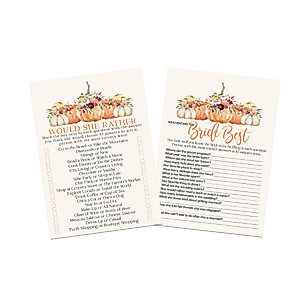 Paper Clever Party Rustic Pumpkin Bridal Shower Games Pack - 25 Guests, 5x7 Size, Premium Quality Cardstock, Fall Theme, Who Knows The Bride Best & Would She Rather, Autumn Wedding Shower Games