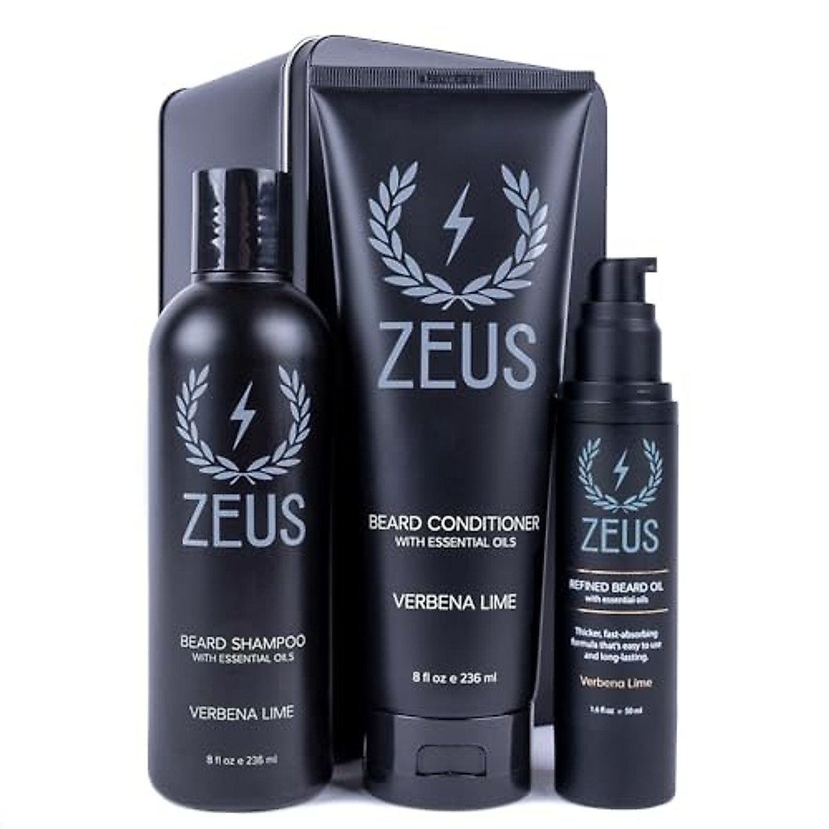 ZEUS Beard Starter Kit for Thick Beards, Natural Beard Shampoo, Beard Conditioner & Premium Refined Beard Oil (Verbena Lime) MADE IN USA