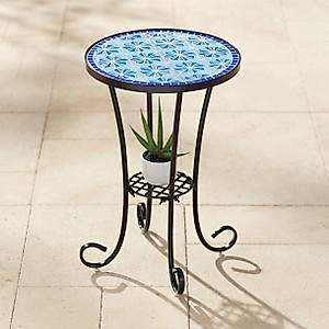 Teal Island Designs Blue Star Modern Black Metal Round Outdoor Accent Side Table 14" Wide with Lower Shelf Mosaic Tabletop Gracefully Curved Legs for Porch Patio Home House Balcony Spaces Deck