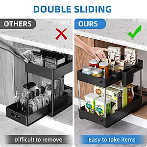 G-TING Under Sink Organizer, 2-Tier Under Sliding Cabinet Basket Organizer with Hooks, Hanging Cup, Dividers, Multifunctional Pull Out Cabinet Organizer for Kitchen, Bathroom(Black)