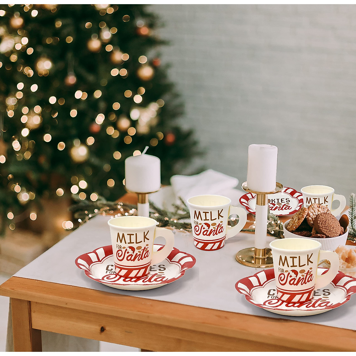 Gift Boutique 24 Disposable Xmas Santa Milk & Cookies Cup & Saucers Set 7 Oz Paper Mug with Handle 7" Scallop Shaped Saucer Plate for Tea Hot Cocoa Chocolate Coffee Mugs Holiday Xmas Dinner Supply