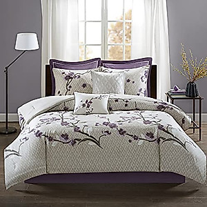 Madison Park Cozy Comforter Nature Scenery Design - All Season Bedding, Matching Bed Skirt, Decorative Pillows, Holly, Floral Purple/Taupe Queen(90"x90") 8 Piece