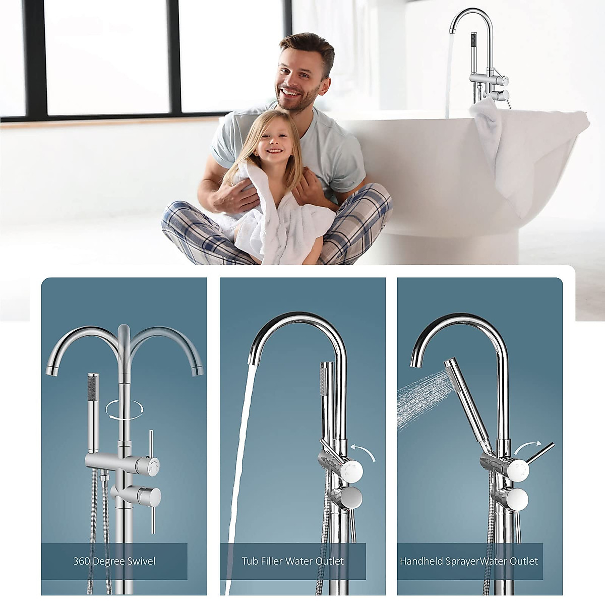 Aolemi Floor Mount Bathtub Faucet Freestanding Tub Filler Standing High Flow Shower Faucets Shower Mixer Taps, Swivel Gooseneck Spout with Cylinder Handheld Polish Chrome