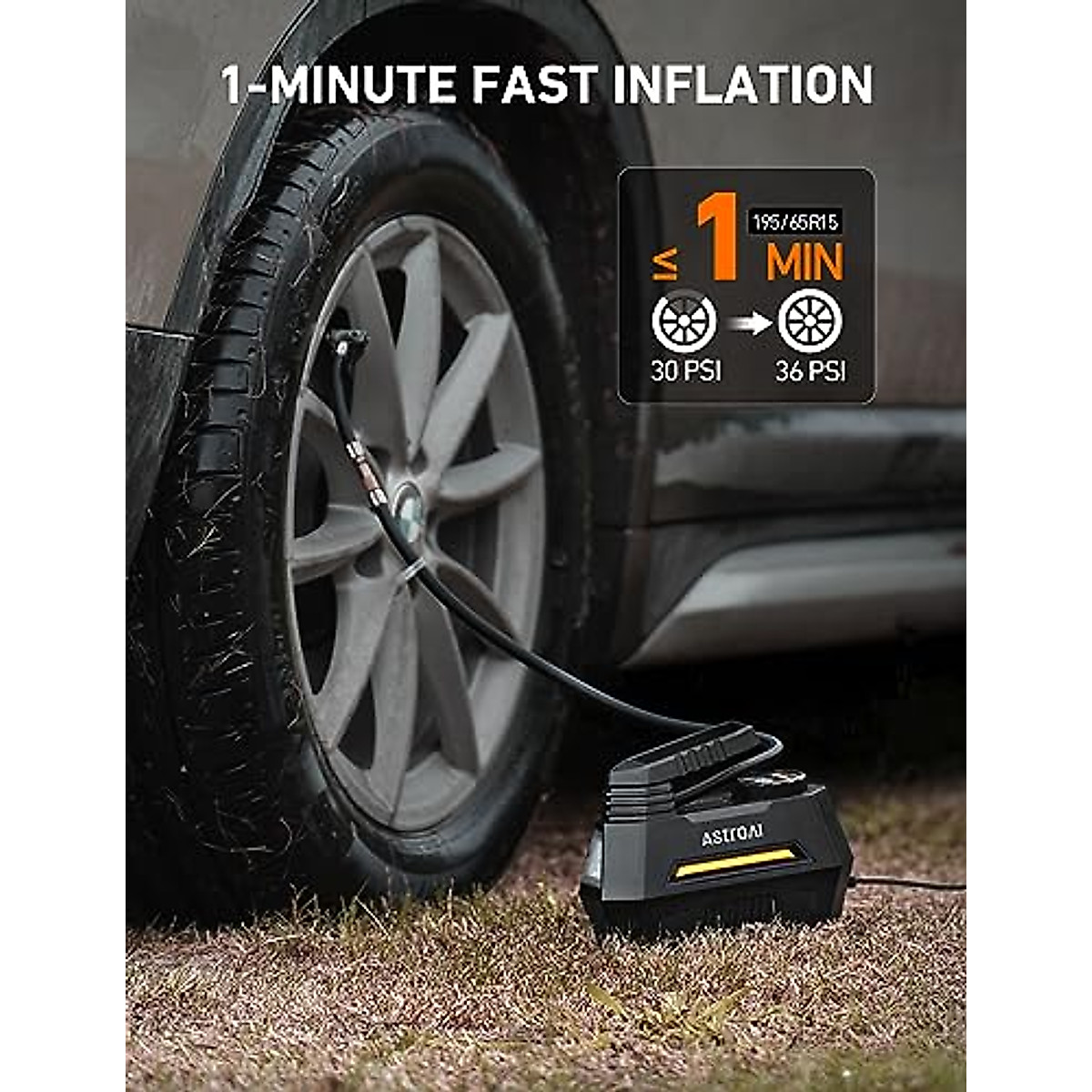 AstroAI Tire Inflator Portable Air Compressor Air Pump for Car Tires - Car Accessories, 12V DC Auto Pump with Digital Pressure Gauge, 100PSI with Emergency LED Light for Bicycle, Balloons
