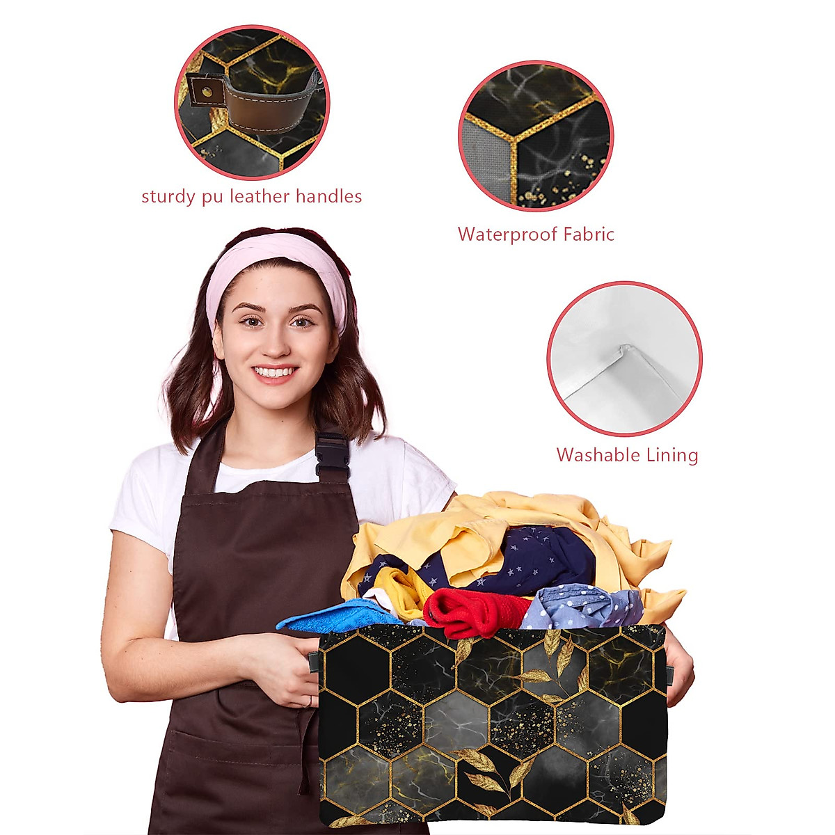 Marble Cube Storage Organizer Bins with Handles,15x11x9.5 Inch Collapsible Canvas Cloth Fabric Storage Basket,Black Gold Grey Grid Irregular Comb Plaid Geometric Books Kids' Toys Bin Boxes for Shelves