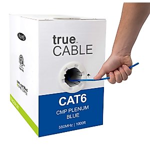 trueCABLE Cat6 Plenum (CMP), 1000ft, Blue, 23AWG 4 Pair Solid Bare Copper, 550MHz, PoE++ (4PPoE), ETL Listed, Unshielded Twisted Pair (UTP), Bulk Ethernet Cable