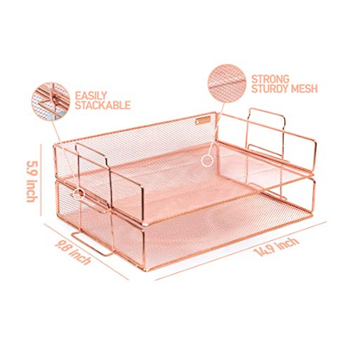 Rose Gold Letter Tray - 2 Tier Rose Gold Desk Organizer for Women, Stackable Paper Tray Organizer, File Organizer for Home Office and Desk Accessories