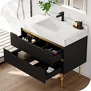 HERNEST Bathroom Vanity with Sink 36 Inch Bathroom Cabinet Freestanding Storage Vanity with Rock Panel Countertop, Ceramic Basin Sink and 4 Drawers, Black