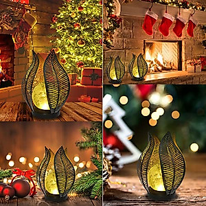 QZZP Garden Decor Solar Lights Outdoor, Crackle Glass Globe Palm Leaf Decorations, Waterproof LED Metal Flower Light for Yard Front Porch Patio Gardening Gift for Mom Grandma Women Birthday