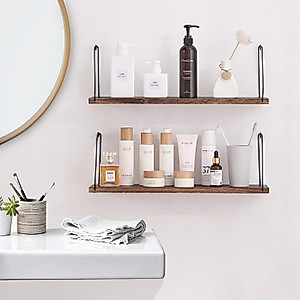 Floating Shelves for Wall No Drilling 16.53 Inch 2 Sets Rustic Natural Wooden Shelf Wall Mounted Storage 3 Mounting Option Renter Friendly Shelf for Bathroom Living Room Bookshelf Kitchen (Dark Brown)