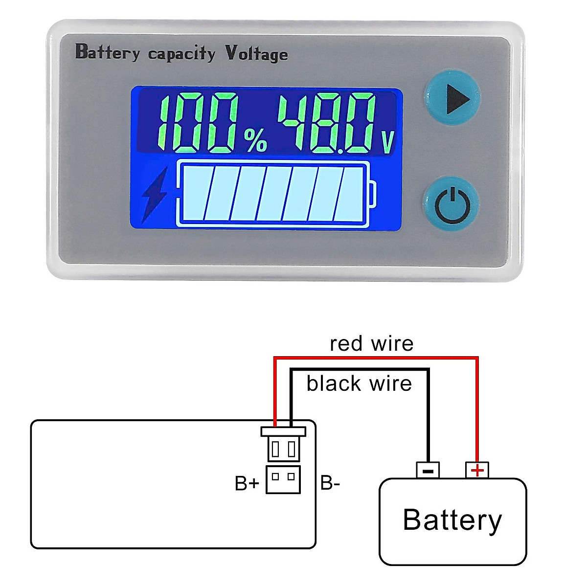 ALMOCN 10-100V Battery Monitor LCD 12V 24V 36V 48V Digital Battery Capacity Voltmeter Tester Percentage Level Voltage Temperature Monitor Meter with Cable