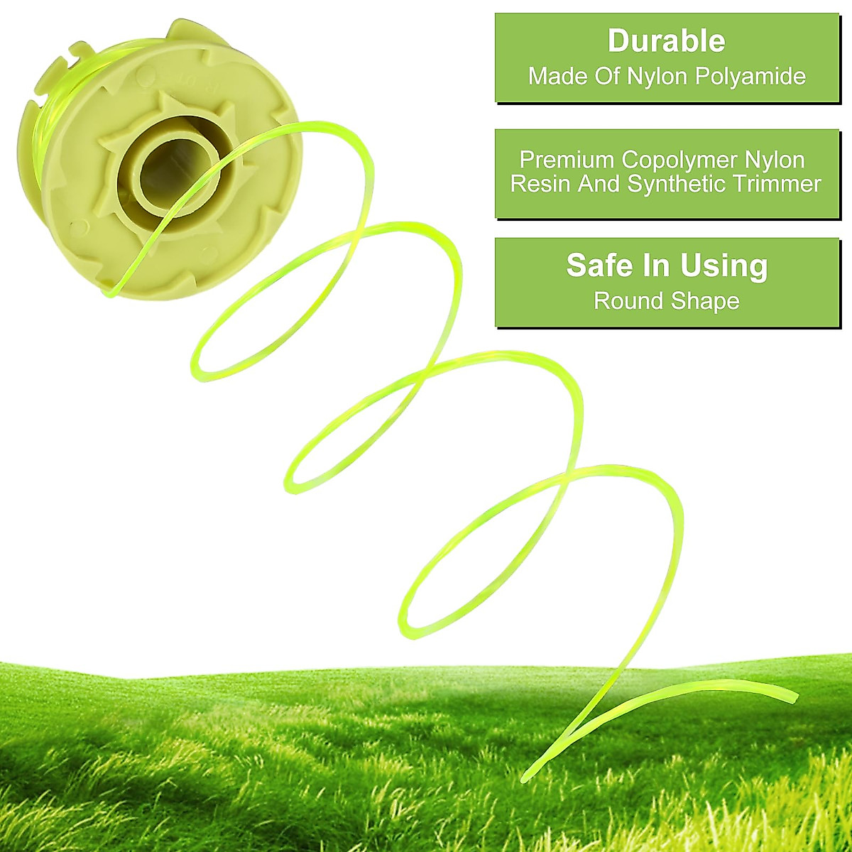 Hiboom 30 Pcs String Trimmer Line Weed Wacker String AC80RL3 Weed Rope String Twisted Weed Whip String and 6 Pcs Trimmer Cap Cover Compatible with Ryobi 18V 24V 40V Cordless Trimmers, 11 ft