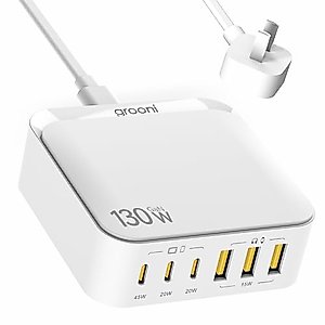 USB C Charger Block, 6 Ports Fast Wall Charger, 130W GaN III Charging Station with PD 45W, Dual PD 20W, 3 USB-A, 3 USB-C, QC, PPS, 6ft Cord, Compatible with iPhone, Galaxy, Pixel, MacBook air White