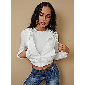 milanpavilion Women's Zip Up Hoodies White Cropped Cardigan Jacket Drawstring Hooded Sweatshirts Casual Long Sleeve Top