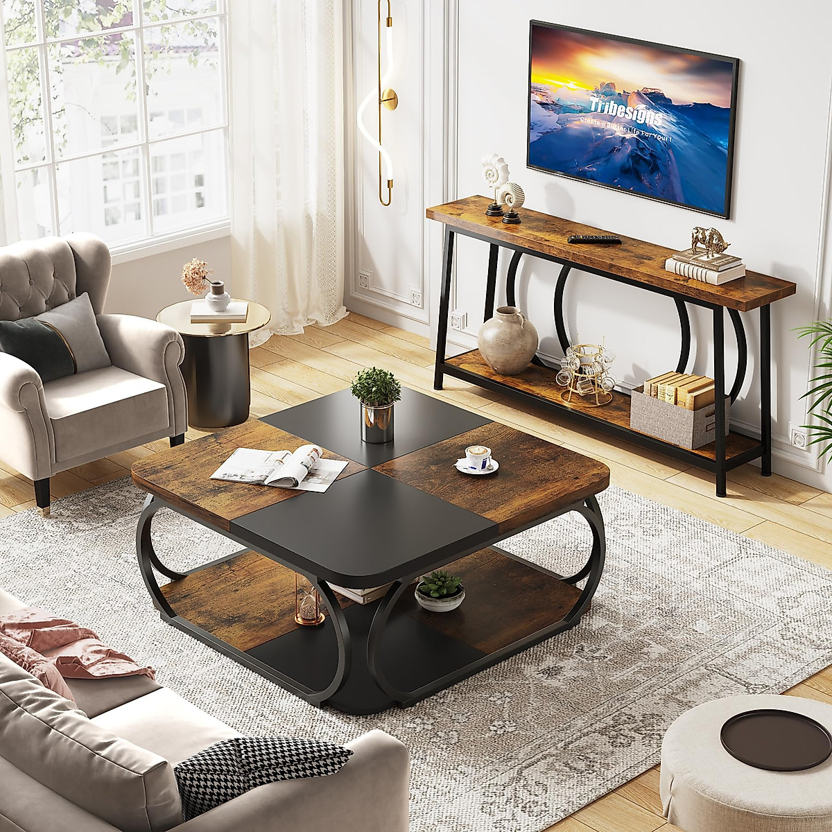 Tribesigns Square Coffee Table with 2 Tiers, 40 inches Low Farmhouse Coffee Table with Wood Storage Shelf Heavy Duty Metal Curved Frame for Modern Living Room, Black Rustic Brown