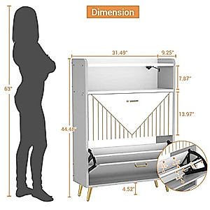 Aheaplus Shoe Cabinet with Flip Doors, Shoes Storage Organizer with Motion Sensor Led Light, Entryway Wood Freestanding Tipping Bucket Shoe Rack with Open Shelves for Closet,Living Room, Grey&White