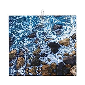 Sea Stones Printed Drying Mat For Kitchen Ultra Absorbent Microfiber Dishes Drainer Mats Non-Slip Silicone Quick Dry Pad - 18 X 16inch