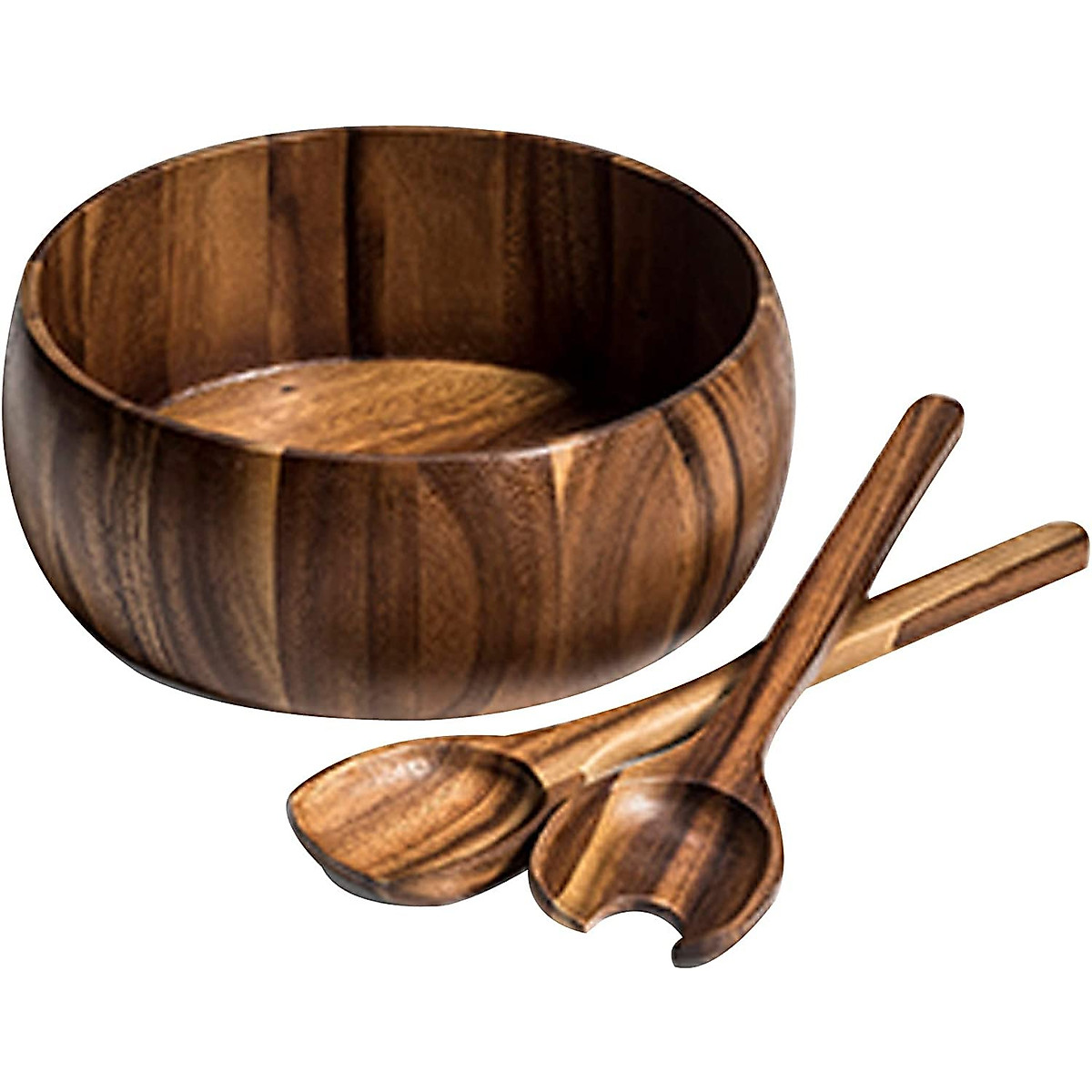 Kalmar Home 10-Inch Acacia Wood Large Dragor Salad Bowl with Servers