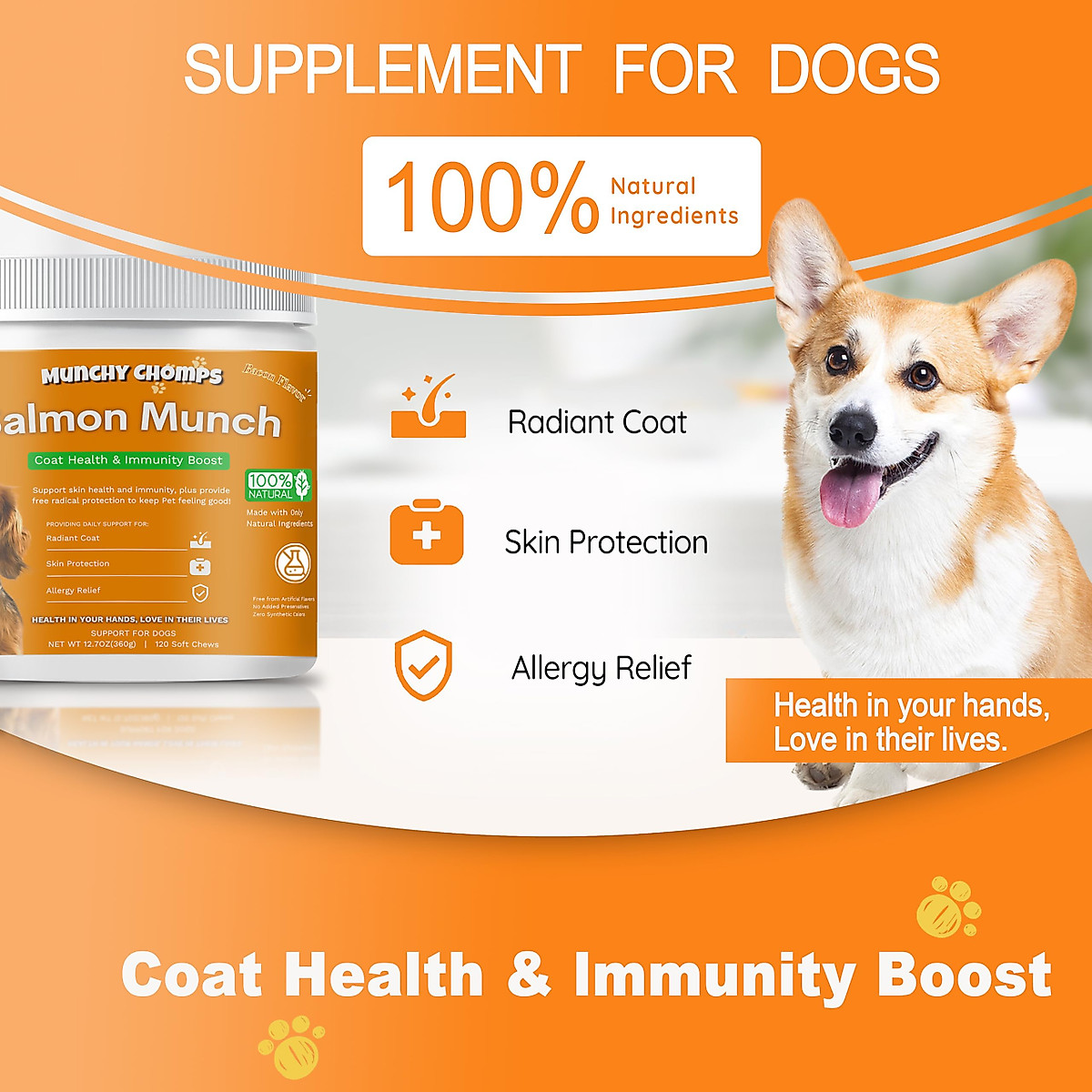 Munchy Chomps Salmon Oil for Dogs - Coat Health & Immunity Boost with Omega 3 Fatty Acids & Antioxidants - Promotes Radiant Coat & Skin Protection (Bacon)