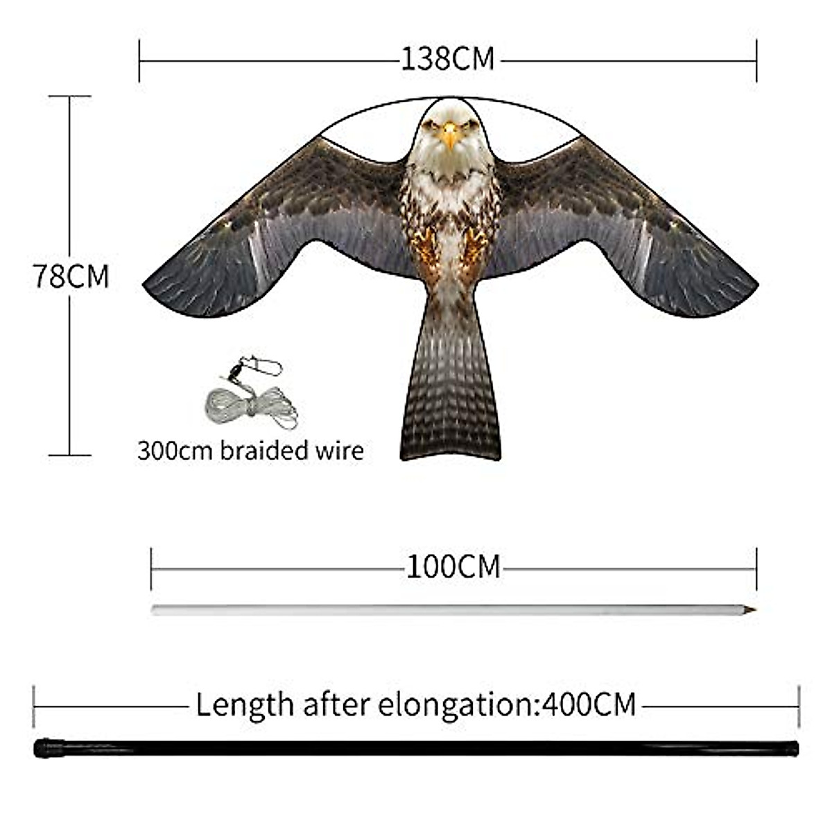 eyijklzo Bird Scaring Flying Kite Deterrent Crops Defenders Farm Protector Bird Fake Hawk Flying Eagle Kite Anti Birds Repellent Control Kit to Scare Birds Away with 4m Telescopic Pole