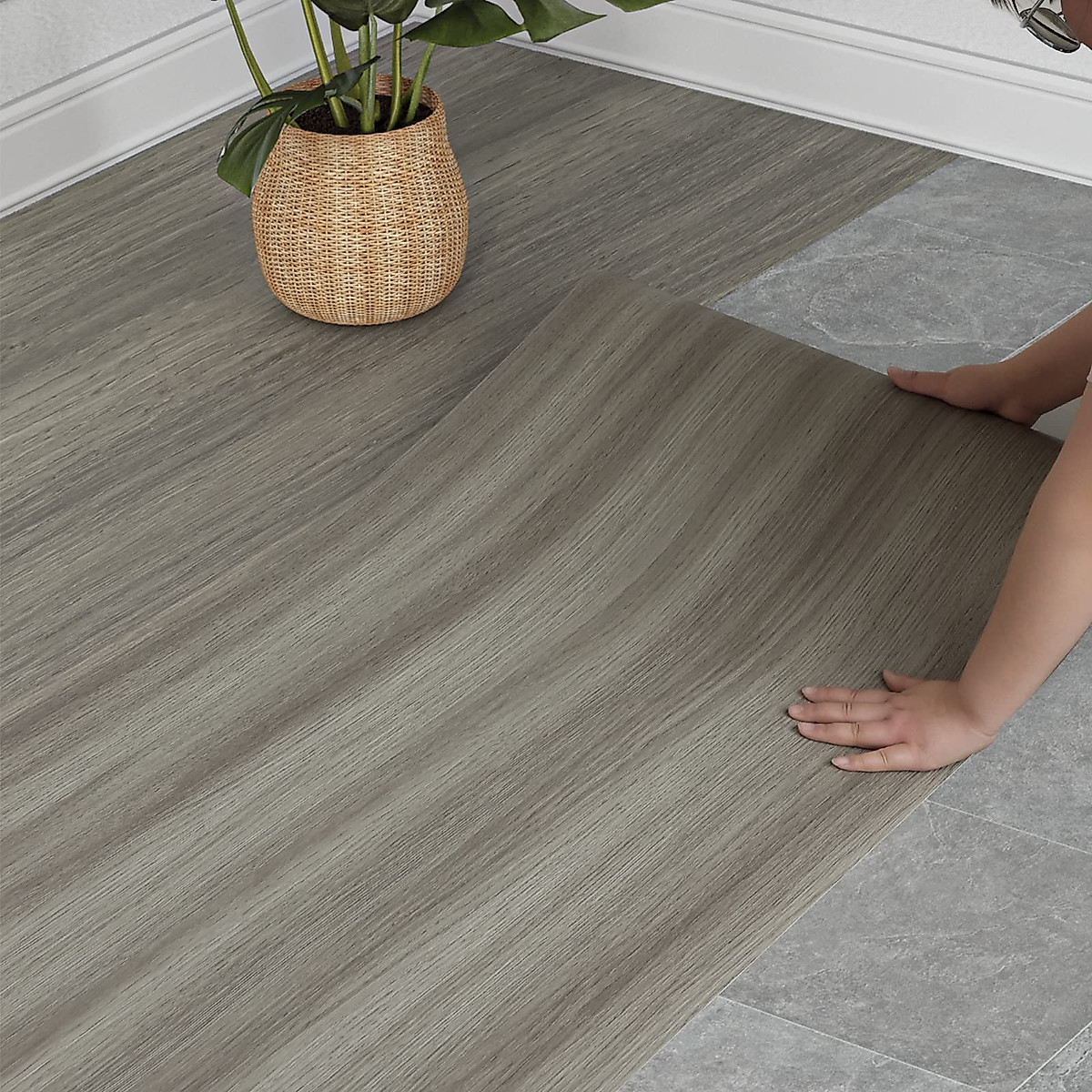 WIFEA Vinyl Flooring Roll 23.6"x 118"/19 Sq.Ft, Wood Grain Self Adhesive Vinyl Floor Tiles Wear-resistant and Waterproof Vinyl Plank Flooring for Bedroom Living Room Office Balcony RV, Smoke Gray