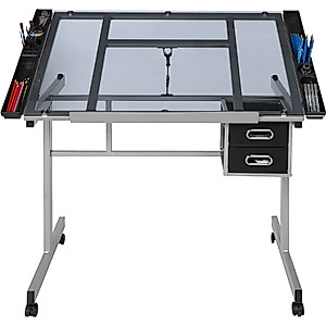 OneSpace Craft Station with Blue Glass Drafting, Silver