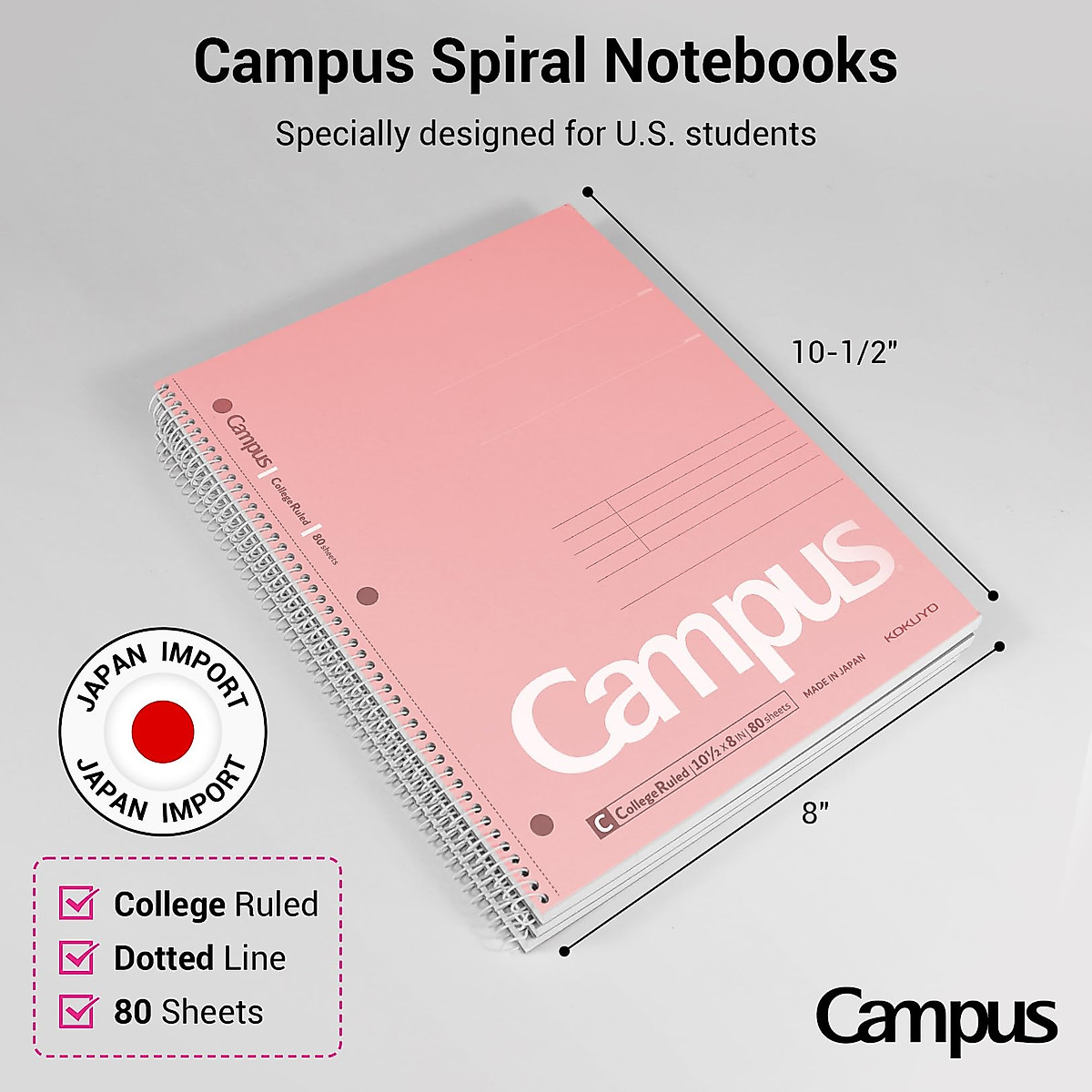KOKUYO Spiral Notebook, 3 Pack Campus 10-1/2" x 8" Subject Notebooks with College Ruled, 80 Sheets, Pink Blue Green 3 Holes School Spiral Journal for Work Study Note Taking (WSG-SU-400G1×3)