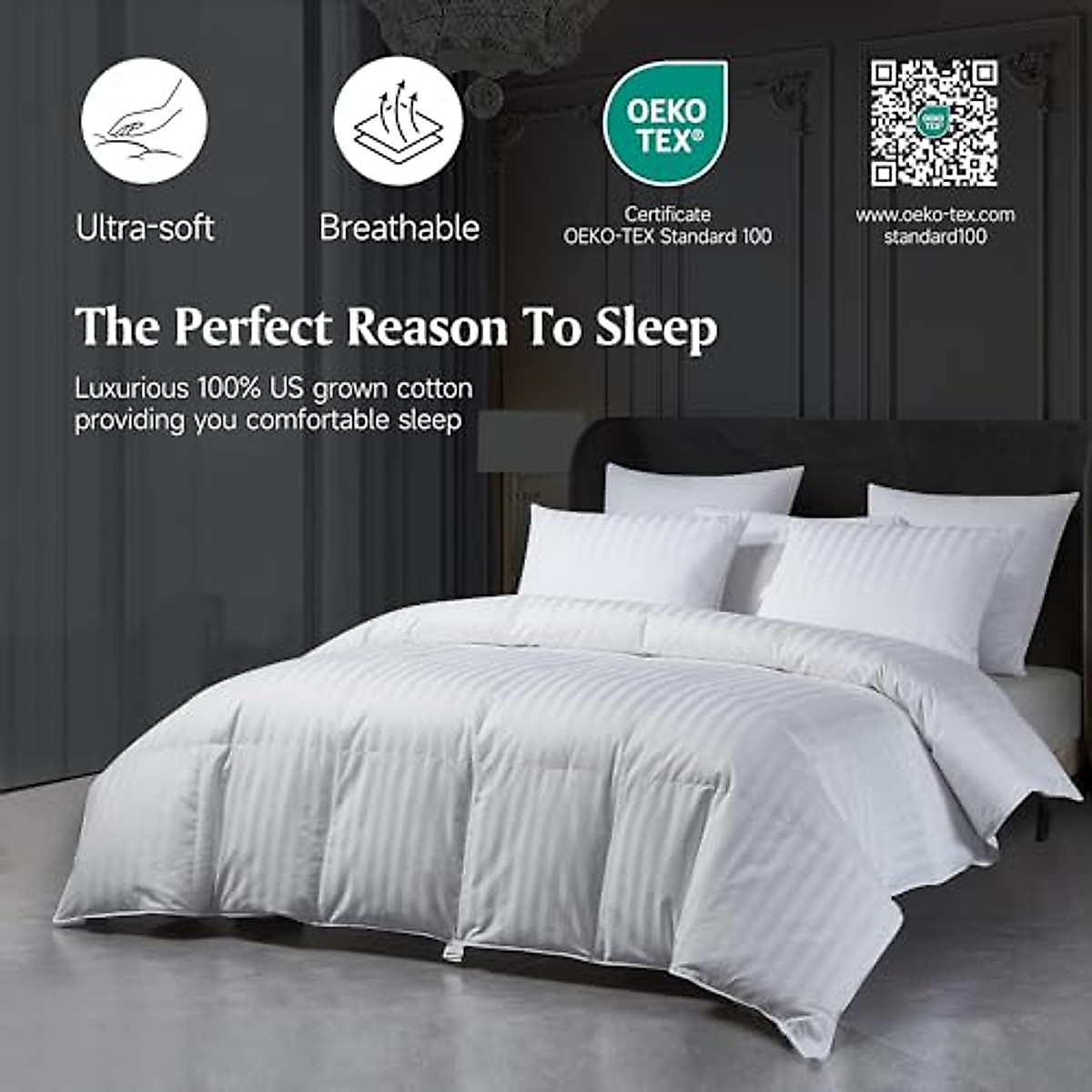 Beautyrest US Grown Cotton All Seasons Warmth Exceptional Hungarian White Goose Down Comforter King Size-750 Fill Power 500TC Damask Stripe Fabric