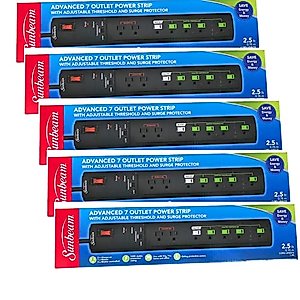 pot (Pack 5) Sunbeam Advance 7 Outlet Power Strip, 15A Power Strips with Surge Protection Cord, Power Outlet Extender with Adjustable Threshold