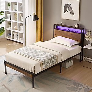 Twin Size Platform Bed, Modern Metal Bed Frame with Headboard, USB, LED Lights and Under-Bed Storage Space, Single Metal Bed Frame for Bedroom, Noise-Free, Easy to Clean