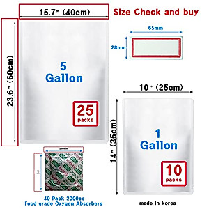 Delatank 2000cc Oxygen Absorbers 40ea 5 Gallon Mylar (Plastic) Bags for Food Storage With 1 gallon Mylar Bags for Food Storage 36 lables