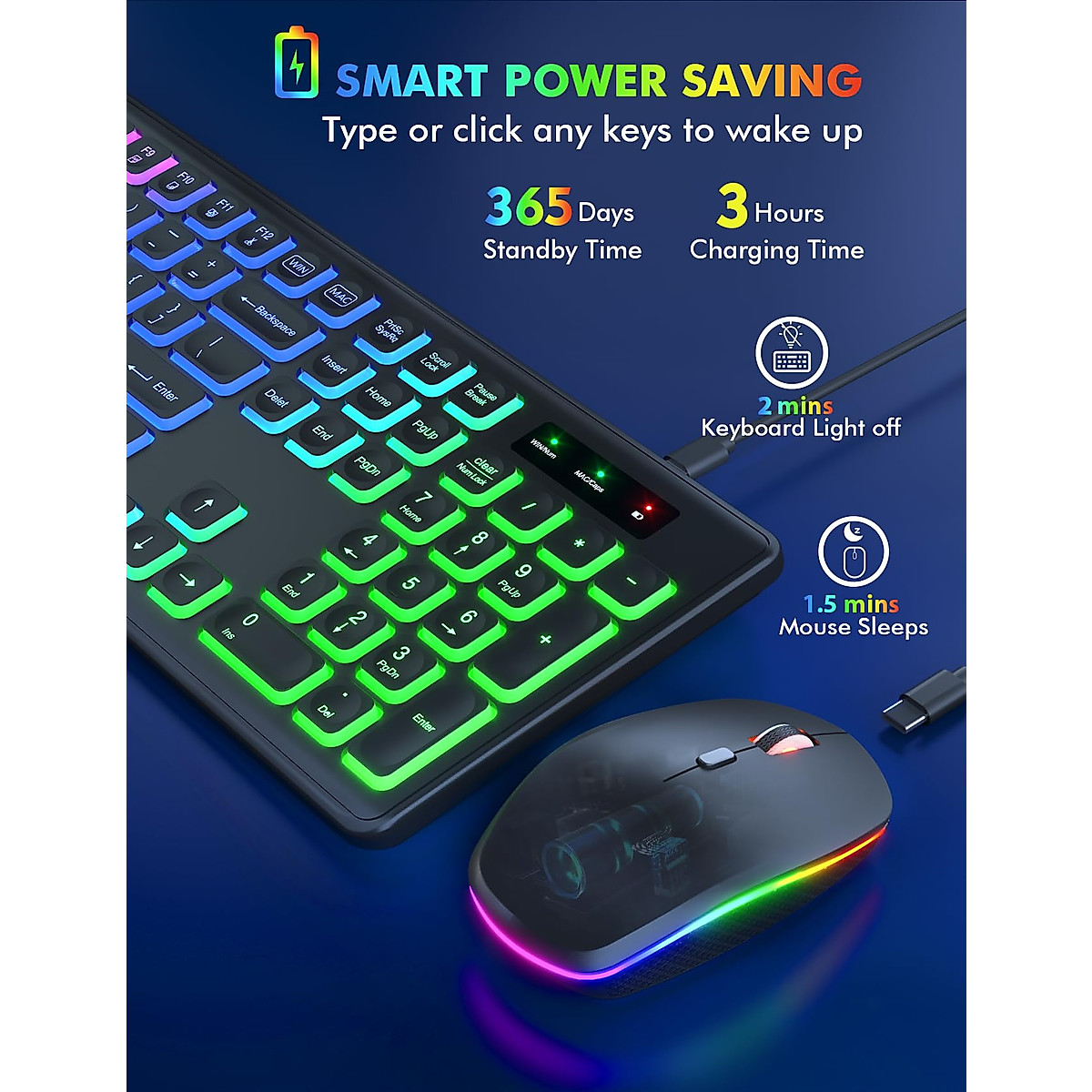 Wireless Keyboard and Mouse Combo - RGB Backlit, Rechargeable & Light Up Letters, Full-Size, Ergonomic Tilt Angle, Sleep Mode, 2.4GHz Quiet Keyboard Mouse for Mac, Windows, Laptop, PC, Trueque