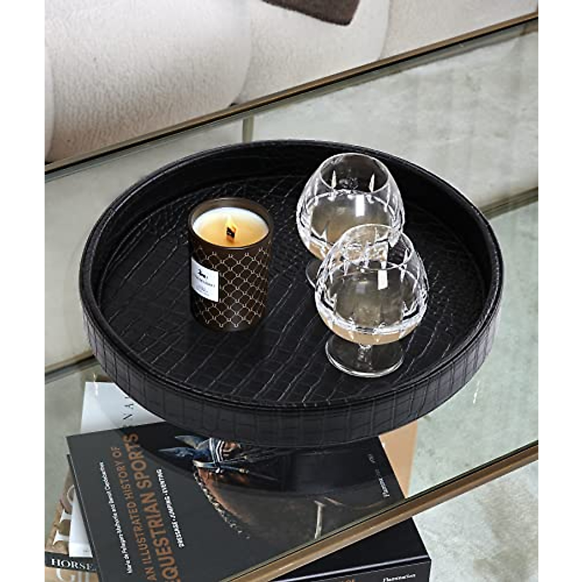 HofferRuffer Faux Leather Round Serving Tray, Vegan Croco Leather Decorative Tray, Food Tray for Storage Drinks, Snack & Cosmetics, Dia.12'' x 1.6'' (Black)