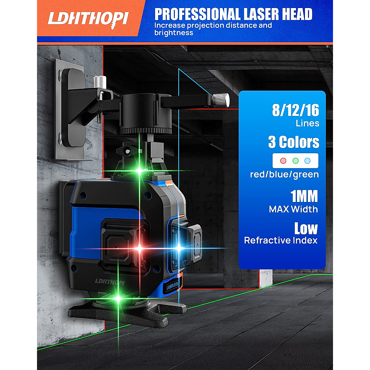 LDHTHOPI 4D 200FT Laser Level, Red/Green/Blue 3 Color laser level 360 self leveling, 16 Cross Line Laser with 2 Rechargeable Batteries for Ceiling, Floor, Construction and Picture Hanging