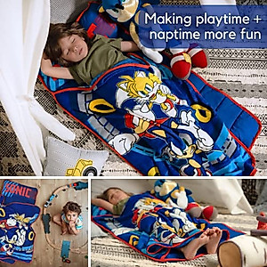 Sonic The Hedgehog 24"(W) X 45"(L) Soft Toddler Nap Mat with Pillow and Blanket Perfect for Preschool, Daycare, and Travel (100% Official Licensed Product)