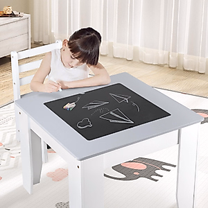 Kinder King Kids Wood Table & 2 Chairs Set, 3 in 1 Children Activity Table w/Storage, Removable Tabletop, Blackboard, 3-Piece Toddler Furniture Set for Art, Crafts, Drawing, Reading, Grey& White…