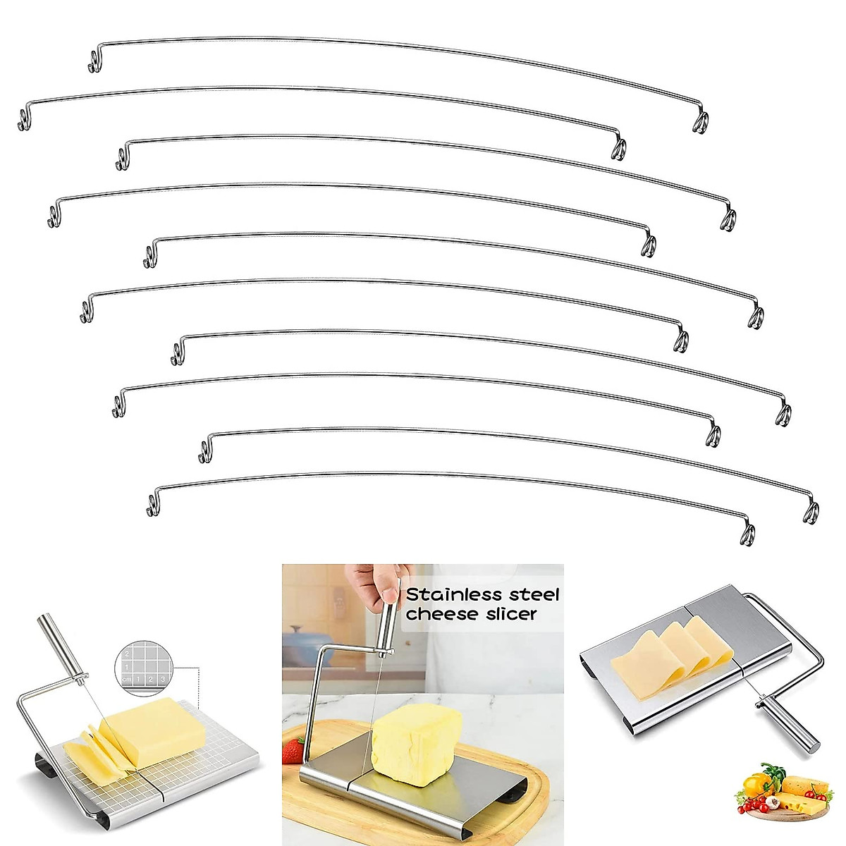 TorSor 10 Pack Cheese Slicer Wire Replacement Cheese Cutter Wires Repair Stainless Steel 14cm 5.5 Inch Knife Blade Refill for Block Cheese Slicers Board Cutting Pie Ham Home Restaurant Kitchen