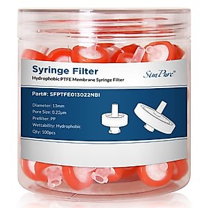 SimPure Syringe Filter PTFE Hydrophobic Membrane 100 PCS, 0.22um Pore Size, 13mm Disc Diameter, HPLC and GC Needle Filter, Non-Sterile, High Throughput Lab Filtration, Barreled Packed