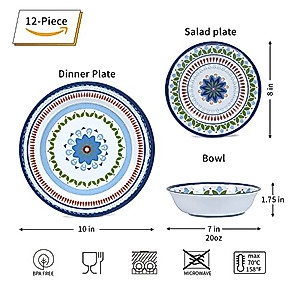 Melamine Dinnerware Set-12 Piece Melamine Plates and Bowls Sets,Service for 4,Outdoor and Indoor Use,Unbreakable, Dishwasher Safe,Rustic Blue