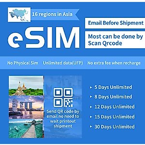 【UDBAC】 Asian eSIM Data Only SIM Card 8~30 Days Travel Internet Prepaid 4G-LTE High -Speed Traffic 2GB/Day Unlimited Low Speed(Online Delivery) (8 Days Unlimited)