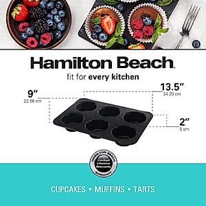 Hamilton Beach Carbon Steel Muffin Pan 6 Jumbo Cup | Non-Stick Coating, Perfect for Making Muffins or cupcake pan | Excellent Heat Conduction, Easy to Clean and Dishwasher Safe | 13.5x9inch, Black