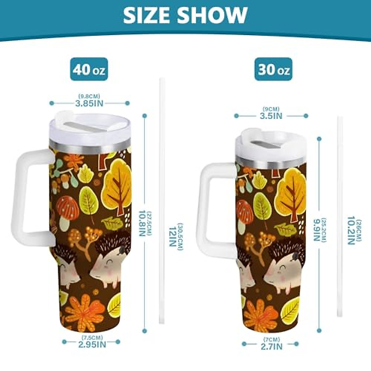 40 Oz Cute Hedgehog Autumn Insulated Water Tumbler with Handle and Straw Lid, 2 in 1 Lid Insulated Vacuum Insulated Tumbler