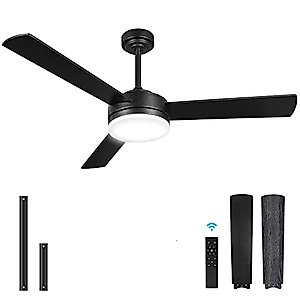 nkorka Black Ceiling Fans with Lights and Remote, Modern Ceiling Fan 52 Inch, Indoor Outdoor Ceiling Fans with Lights, 20W 3-Color LED Light, Noiseless Reversible DC Motor
