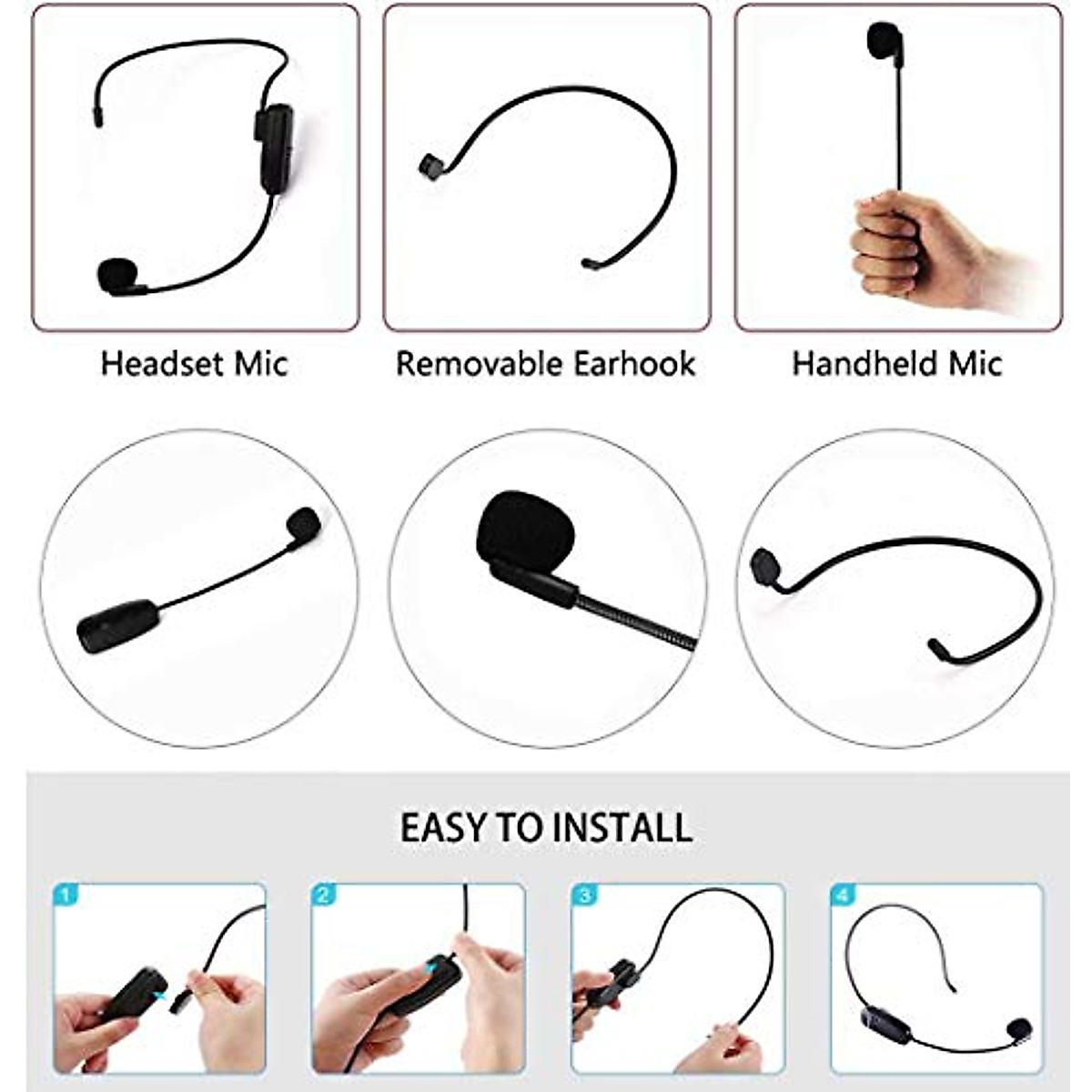 Wireless Microphone Headset,Rechargable UHF Transmitter & Receiver Microphones System,2 in 1 Mic for Voice Amplifier,Pa System,Stage Speaker,Singing,Speaking,-Not Suitable for iphone & Smartphones