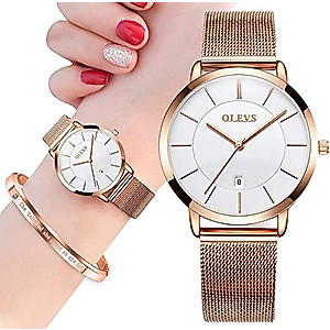 OLEVS Watches for Women Bracelet Gifts Set Ultra Thin Minimalist Fashion Rose Gold Ladies Slim Casual Dress Quartz White Face Dial Analog Date Wrist Watch Waterproof with Classic Mesh Band Golden